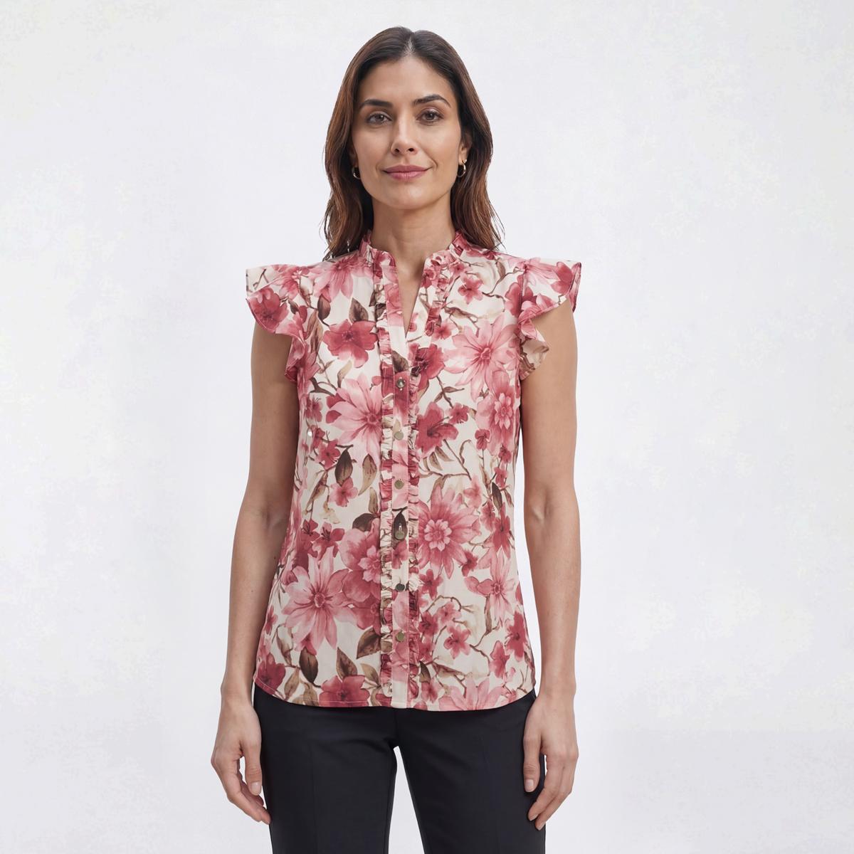 Click here for Petite Anne Klein Ruffle Sleeve Big Floral Split N... prices
